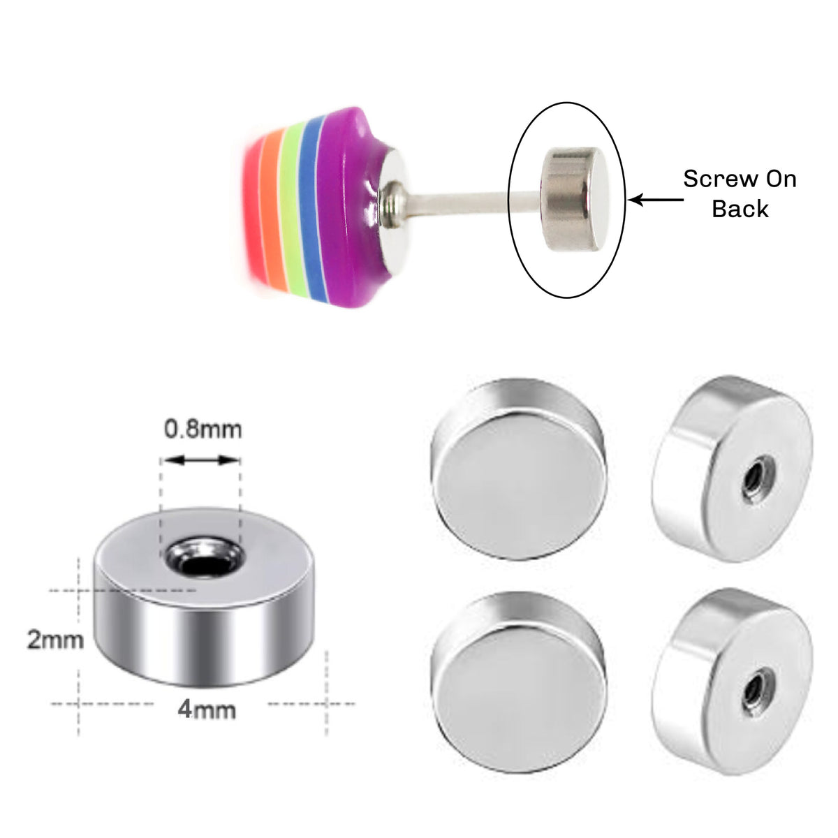 Earring Backs Stainless Steel, Flat Screw On (Fit Our Threaded Posts ...